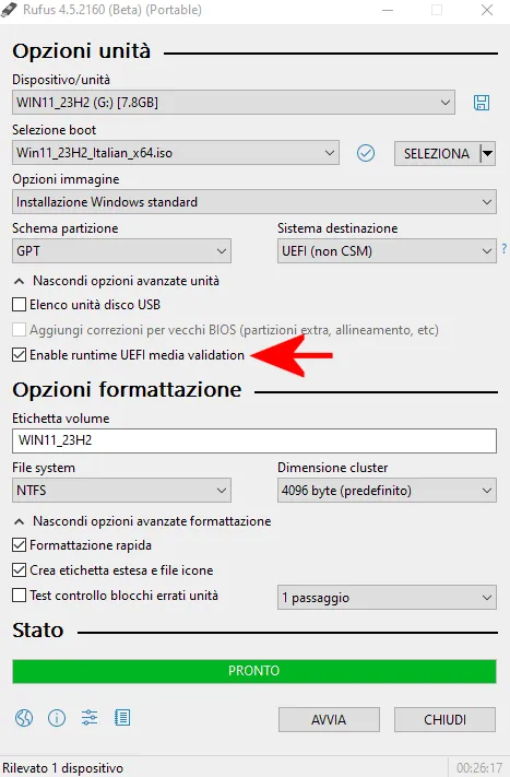 Rufus verifica l'integrità del supporto di avvio con la validazione ...