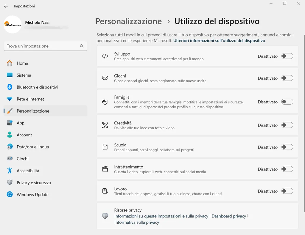 Windows 11: personalizzazione in base alle impostazioni di utilizzo